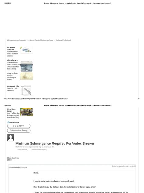 Minimum Submergence Required For Vortex Breaker Industrial
