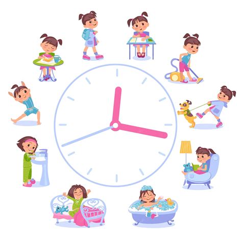 Rutina Diaria De Las Niñas Marque El Reloj Con Diferentes Escenas De