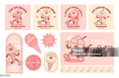 만화 아이스크림 만화 복고풍 행복한 걷는 마스코트 젤라토 빈티지 재미 콘 좋은 동결 과자 스티커 및 카드 카페가게용 캐릭터 아이스크림 스쿱 벡터 세트 복고풍에 대한 스톡