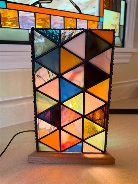 Stained Glass Triangle Lamp — Vintage Glass On Wood Base Marta Lou Glass