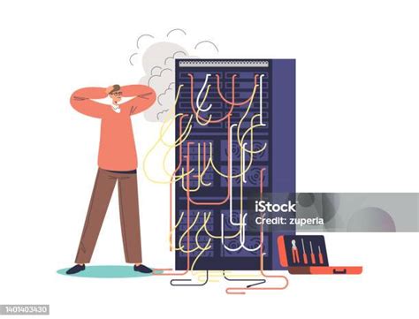 걱정스러운 남자 Sysadmin은 불타는 컴퓨터 서버를 본다 네트워크 고정 시스템 관리자 엔지니어 걱정하는에 대한 스톡 벡터