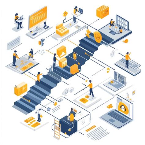 isometric illustration of a workflow or process with people working on