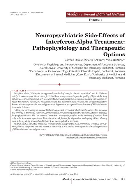 Pdf Neuropsychiatric Side Effects Of Interferon Alpha Treatment Pathophysiology And
