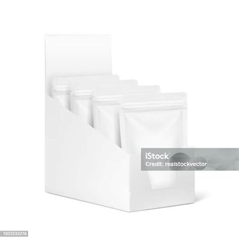 식품 화장품 및 위생을 위한 파우치 포장 모형이 있는 상자를 표시합니다 가방에 대한 스톡 벡터 아트 및 기타 이미지 가방 광고 사탕 Istock