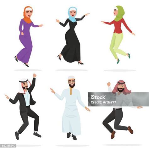 점프 하는 귀여운 아랍 사람들의 행복 한 그룹입니다 만화는 무슬림 남자와 여자 문자 벡터 일러스트 레이 션을 이동 합니다 경기 스포츠에 대한 스톡 벡터 아트 및 기타 이미지