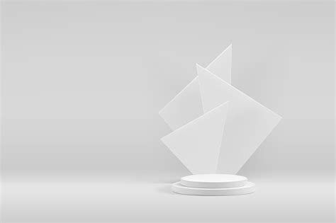 둥근 플랫폼과 기하학적 삼각형 블록이 있는 제품 전시를 위한 3d 흰색 연단 무대 추상 스튜디오 쇼케이스 벡터 렌더링 3차원