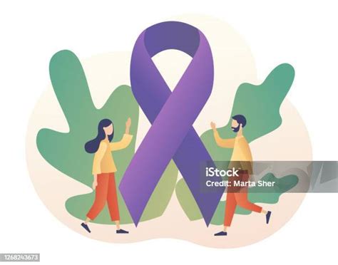 작은 사람들 및 폭력 표지판을 중지합니다 보라색 리본을 가정 폭력을 상징합니다 여성에 대한 폭력의 제거를위한 국제 날 현대 플랫