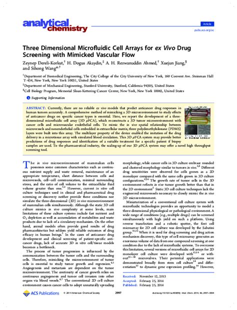 Pdf Three Dimensional Microfluidic Cell Arrays For Ex Vivo Drug