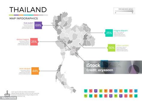 อินโฟกราฟิกแผนที่ประเทศไทยที่มีชั้นแยกโซนองค์ประกอบและพื้นที่อําเภอที่
