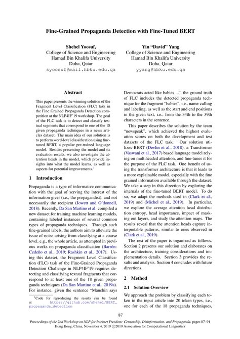 Pdf Fine Grained Propaganda Detection With Fine Tuned Bert