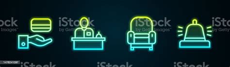 세트 라인 디지털 도어록 호텔 리셉션 데스크 안락의자 및 서비스 벨 빛나는 네온 아이콘입니다 벡터 예술에 대한 스톡 벡터 아트