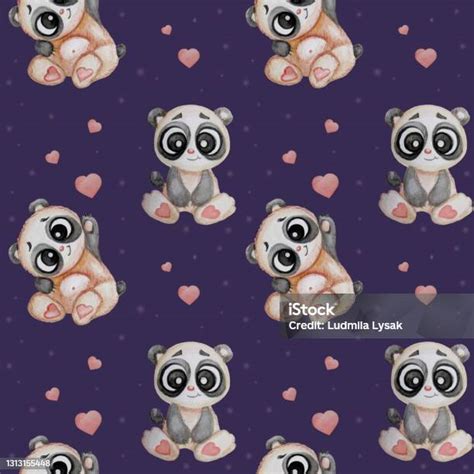 곰과 원활한 패턴 하트와 보라색 배경에 다른 감정을 가진 귀여운 재미있는 팬더 수채화 어린이 컬렉션 0명에 대한 스톡 벡터 아트