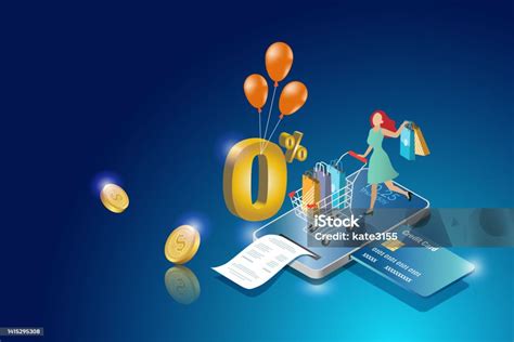 스마트 폰에서 신용 카드로 0 무이자 온라인 쇼핑 전자 상거래에 돈을 쓰는 장바구니를 가진 행복한 여성 온라인 쇼핑 개념을위한 금융 은행 뜨거운 홍보 3차원 형태에 대한