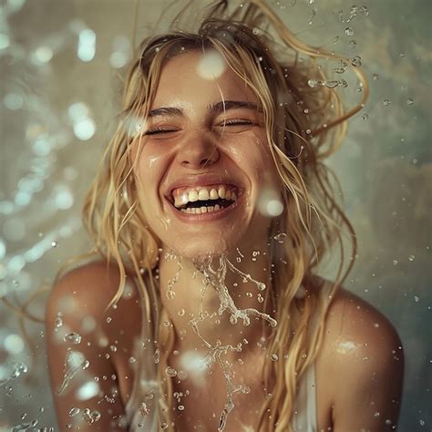 A Woman With Her Mouth Open And The Water Bubbles Splashing Around Her