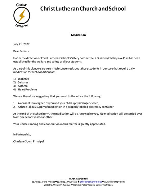 Medication School Policy Letter Christ Lutheran Church And School