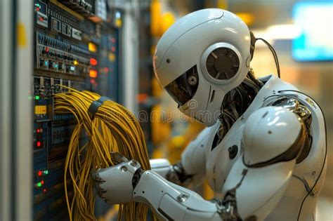 Humanoid Android Electrician Connects Cables In Industrial Control Panel Generative Ai Stock