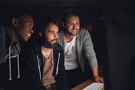 Happy Men And Programmers For Software Development Coding And