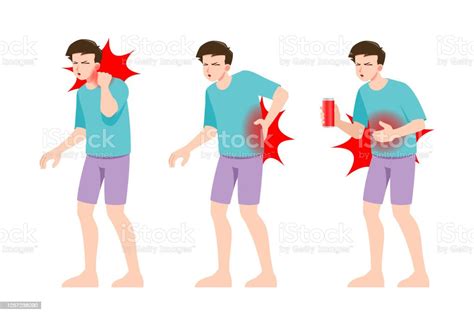 남자의 세트는 신체의 다른 부분에 통증을 느낀다 편두통 목과 두통 요통 및 복통에 있는 사람들은 고통스러운 지역을 아프게 합니다 환자는 심하게 느낍니다 만화 스타일의 벡터