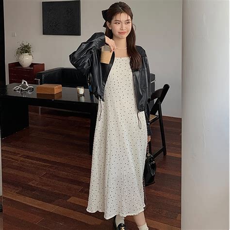 라방샵 코디세트라펠 숏기장 인조가죽 레더 라이더 자켓 서스펜더 롱원피스 투피스 세트 Oc124755e