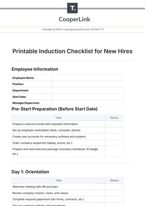 Free Printable Induction Checklist For New Hires Template To Edit Online