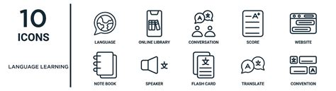 언어 학습 개요 아이콘 세트에는 얇은 선 언어 대화 웹 사이트 연사 번역 규칙 보고서 프레젠테이션 다이어그램 웹 디자인에 대한 노트북 아이콘이 포함됩니다 아이콘에 대한 스톡