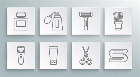 세트 라인 전기 헤어 클리퍼 또는 면도기 분무기가 있는 애프터셰이브 병 크림 로션 화장품 튜브 가위 미용사 수건 면도 면도기 브러시 및 아이콘 벡터 가위에 대한 스톡 벡터
