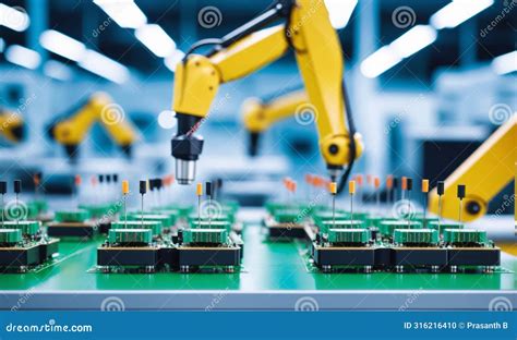 Advanced High Precision Robot Arms On Fully Automated Pcb Assembly Line Inside Modern