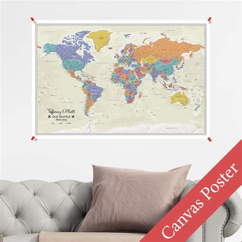 Canvas Map Poster Tan Oceans World Push Pin Travel Map Kit With 150