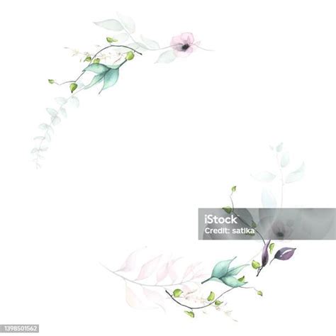 파란색 녹색 청록색 보라색 분홍색 꽃 가지 나뭇잎 유칼립투스 나뭇 가지가있는 수채화 프레임 꽃 식물에 대한 스톡 벡터 아트 및