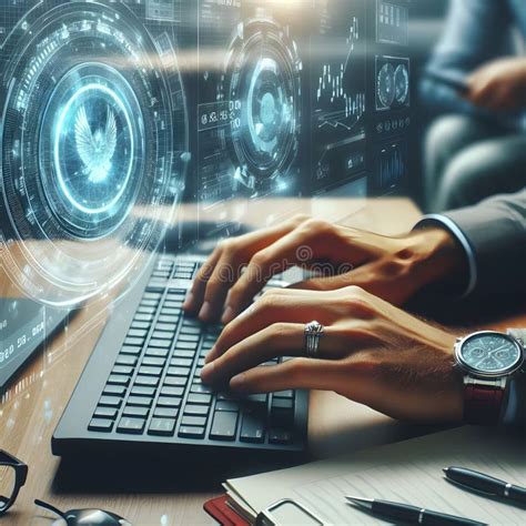 Close Up Of Hands Typing On A Keyboard With Futuristic Holographic Data