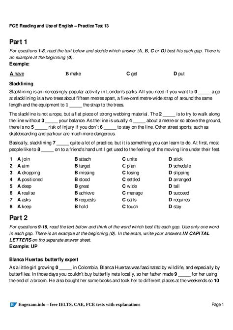 Fce Reading And Use Of English Practice Test 13 Part 1 For