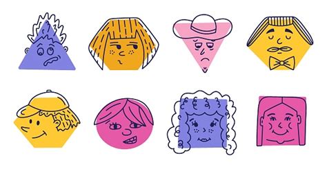 기하학적 모양으로 행복하고 슬픈 감정으로 설정된 귀여운 다채로운 만화 얼굴 아이콘 다양한 감정을 가진 손으로 그린 크레용 캐리커처 이모티콘 배경에 고립 된 낙서 유머 문자