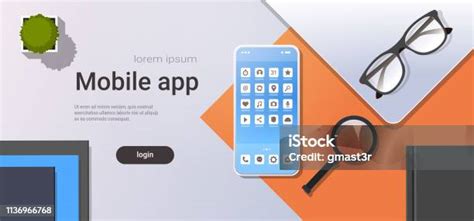 모바일 응용 프로그램 아이콘 스마트폰 화면 상단 각도 보기 직장 바탕 화면 핸드폰 돋보기 줌 안경 및 메모장 사무실 물건 복사 공간 수평 경관에 대한 스톡 벡터 아트 및