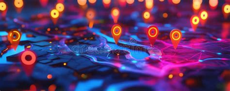 Vibrant Digital Map With Glowing Location Pins And Neon Colors For