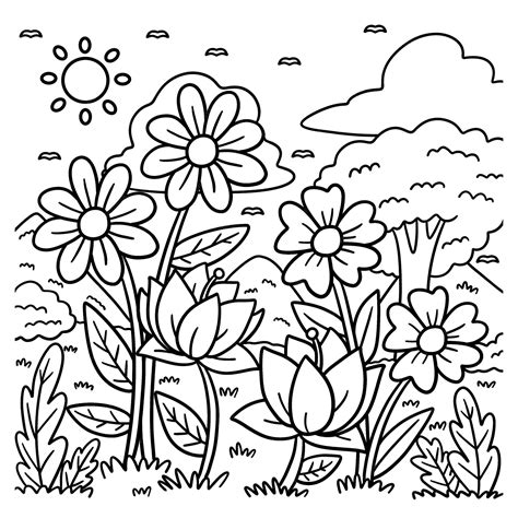 들판의 봄꽃 아이들을 위한 색칠공부 프리미엄 벡터