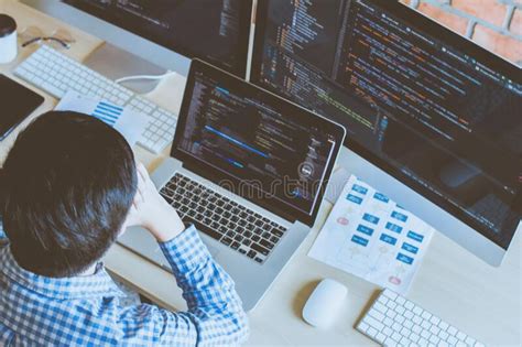 Top View Developer Programming Hand Pointing And Coding Technology