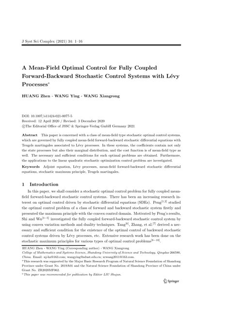 Pdf A Mean Field Optimal Control For Fully Coupled Forward Backward Stochastic Control Systems
