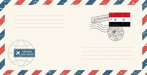 시리아 우표가 붙은 빈 항공 우편물 그런지 봉투 빈티지 엽서 벡터 일러스트 레이 션 와 시리아 국기 와 백색 배경 고립된 통하고 있는 복고풍 스타일 0명에 대한 스톡 벡터