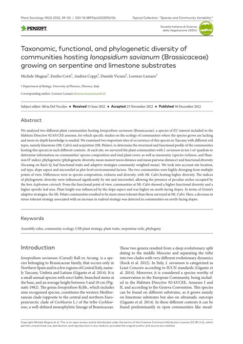 Pdf Taxonomic Functional And Phylogenetic Diversity Of Communities Hosting Ionopsidium