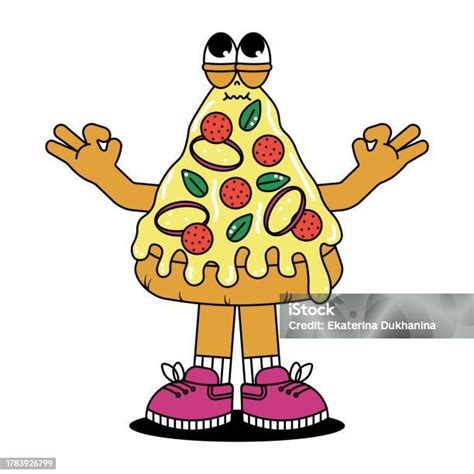 복고풍 빈티지 만화 캐릭터 피자 사이키델릭한 미소와 감정을 가진 귀여운 마스코트 Groovy 스타일의 펑키 벡터 일러스트 레이 션 0명에 대한 스톡 벡터 아트 및 기타