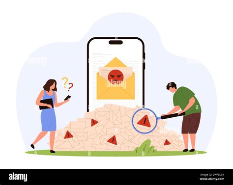 Warning Scam And Spam Notification In Mailbox Mobile App Tiny People Looking Through Magnifying