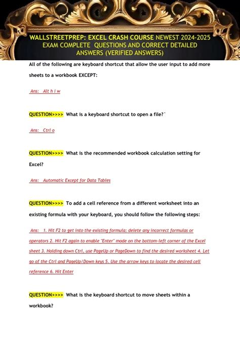 Wallstreetprep Excel Crash Course Newest Exam Complete Questions And Correct Detailed Answers