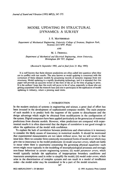 Pdf Model Updating In Structural Dynamics A Survey