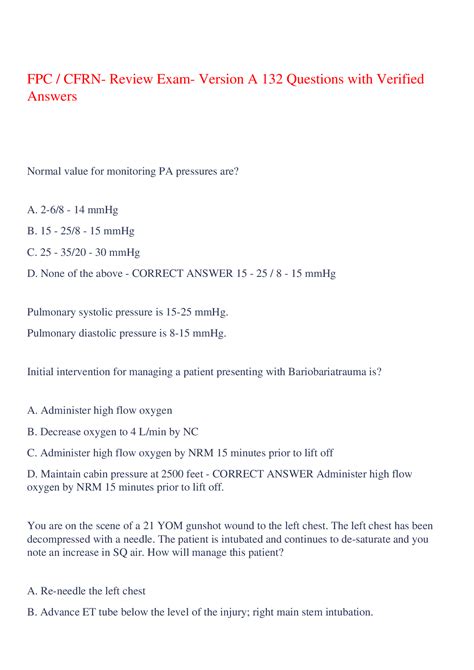 Fpc Cfrn Review Exam Version A 132 Questions With Verified Answers 100 Correct Scholarfriends