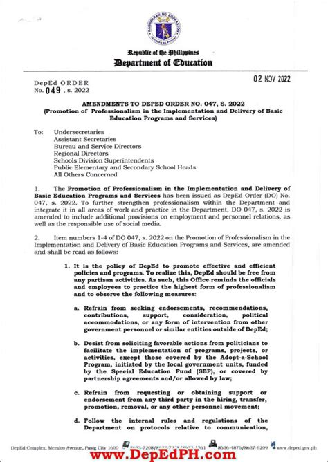 Deped Order 49 Series Of 2022 Promotion Of Professionalism In Workplace Deped Ph