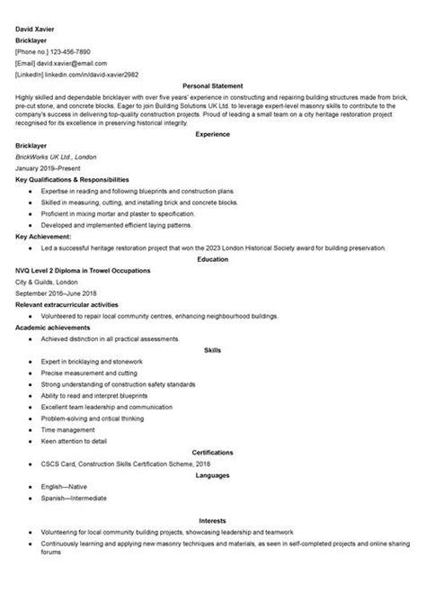 Bricklayer Cv Example And Full Writing Guide