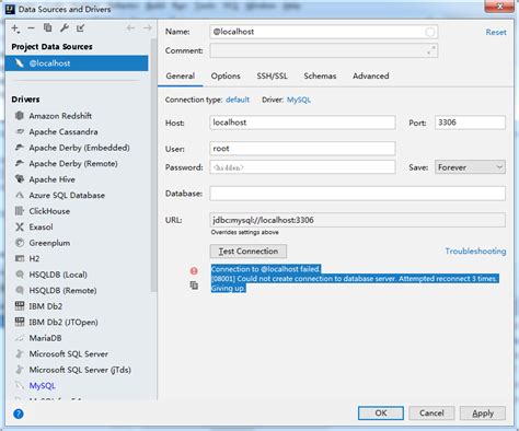 Connection To Localhost Failed 08001 Could Not Create Connection To Database Server
