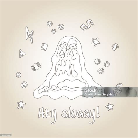 할로윈 만화 캐릭터 점액 슬러그 점액과 작은 패턴으로 손으로 그린 벡터 그림 미스터리 할로윈 파티 포스터 인사말 카드 어린이