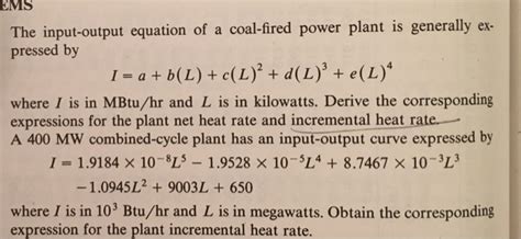 Solved The Input Output Equation Of A Coal Fired Power Plant