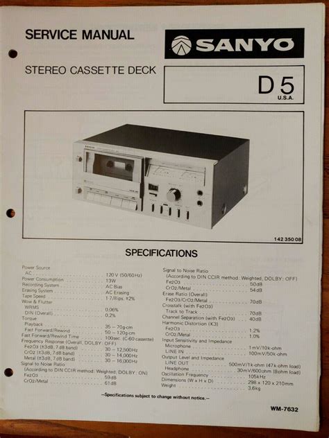 Sanyo D5 Stereo Cassette Tape Deck Original Service